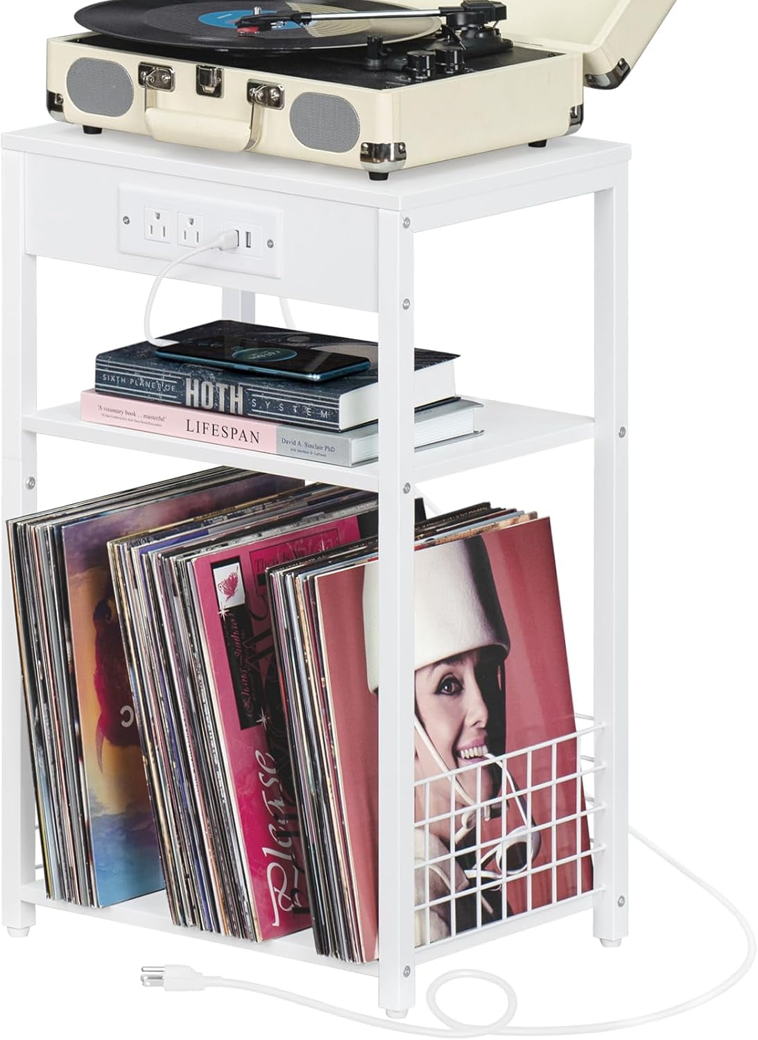 White Side Table with Charging Station, Small End Table with USB Ports ...