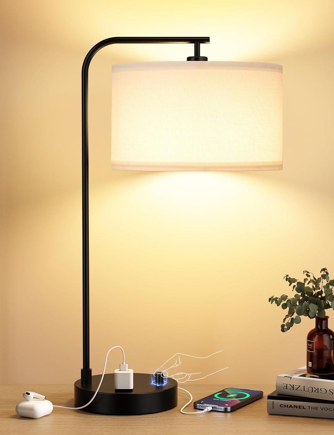 White Side Table Lamp with USB Port and Outlet, Dimmable Nightstand ...