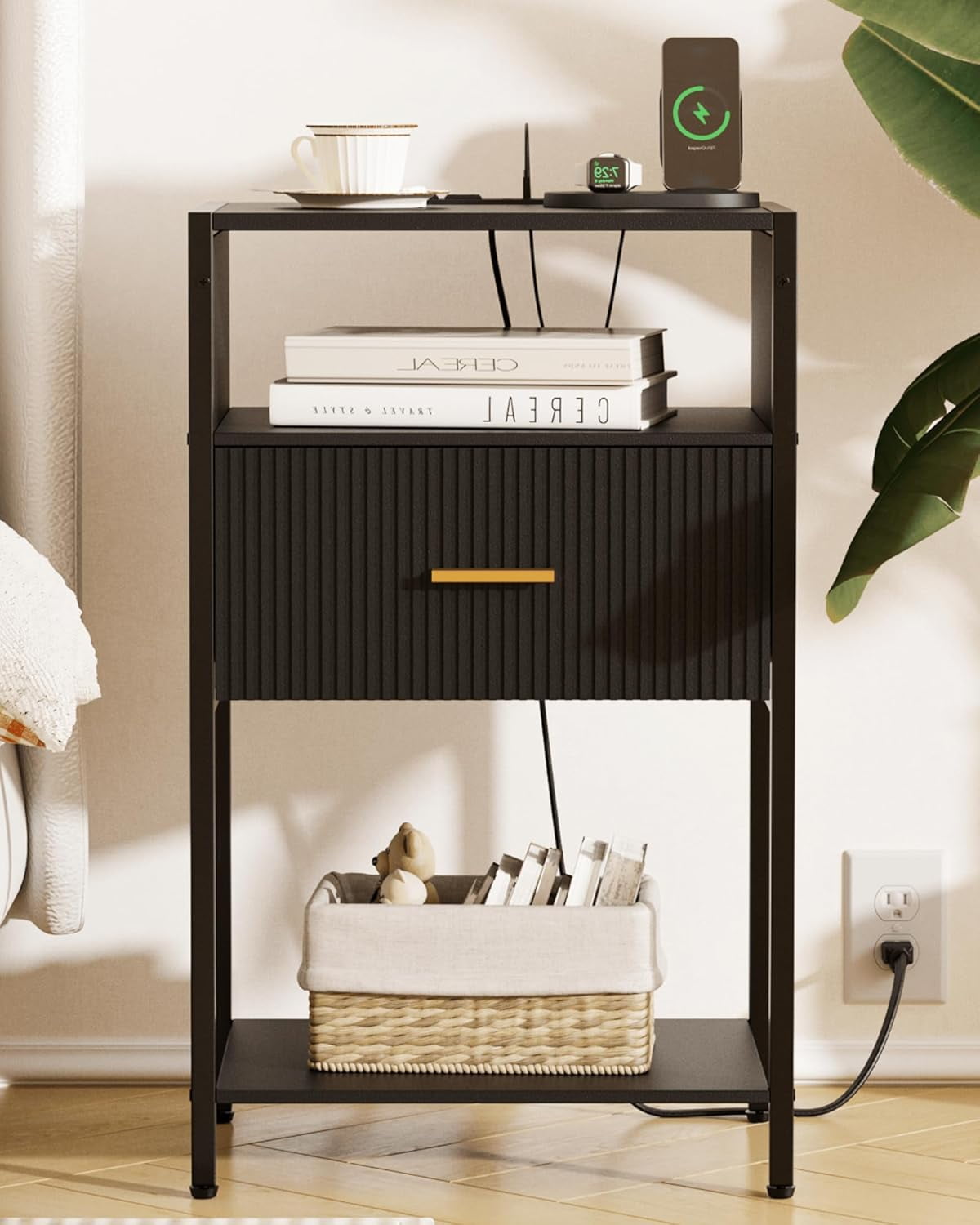 White Side Table, Modern Nightstand with Drawer, Fluted Bedside Table ...