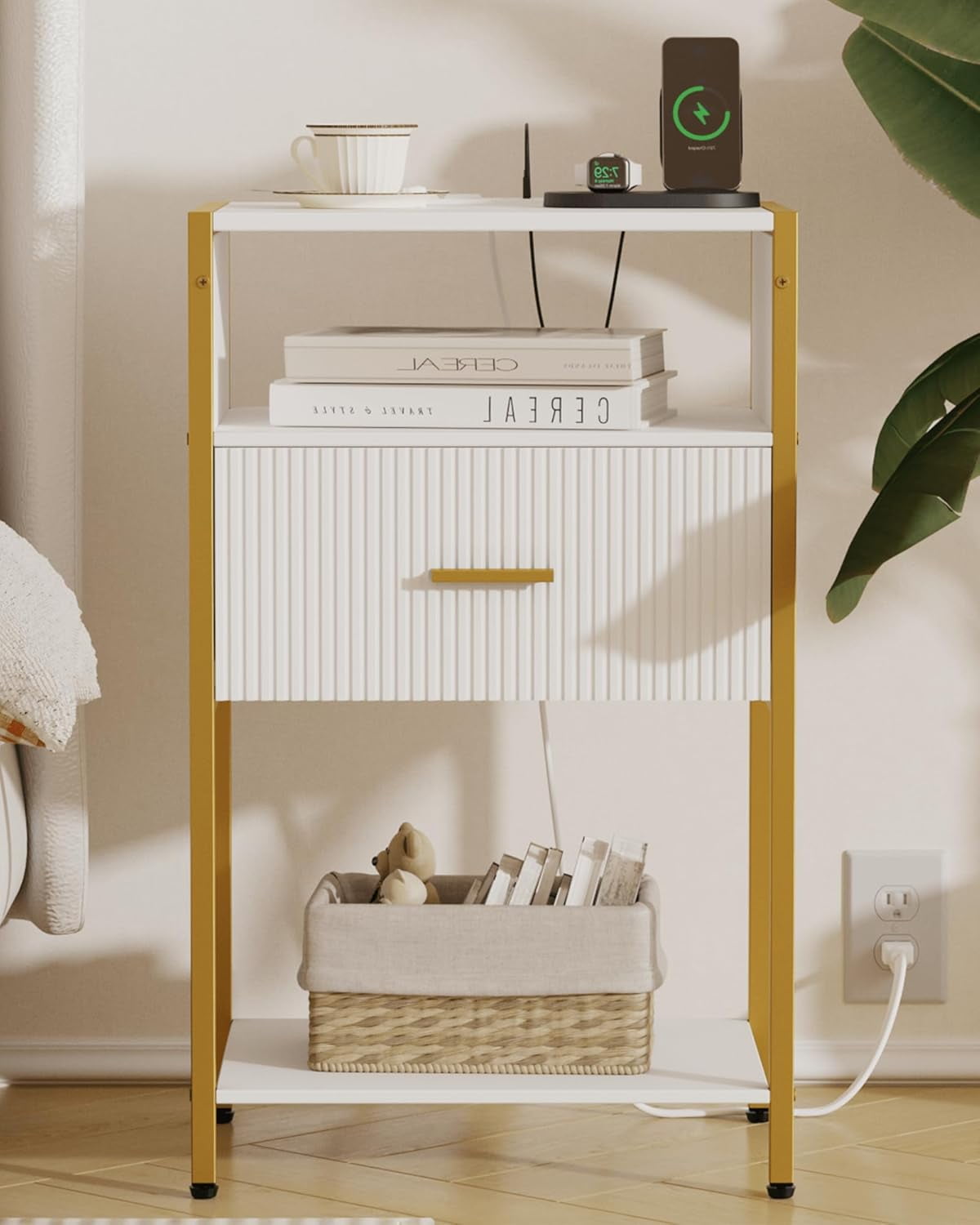 White Side Table, Modern Nightstand with Drawer, Fluted Bedside Table ...