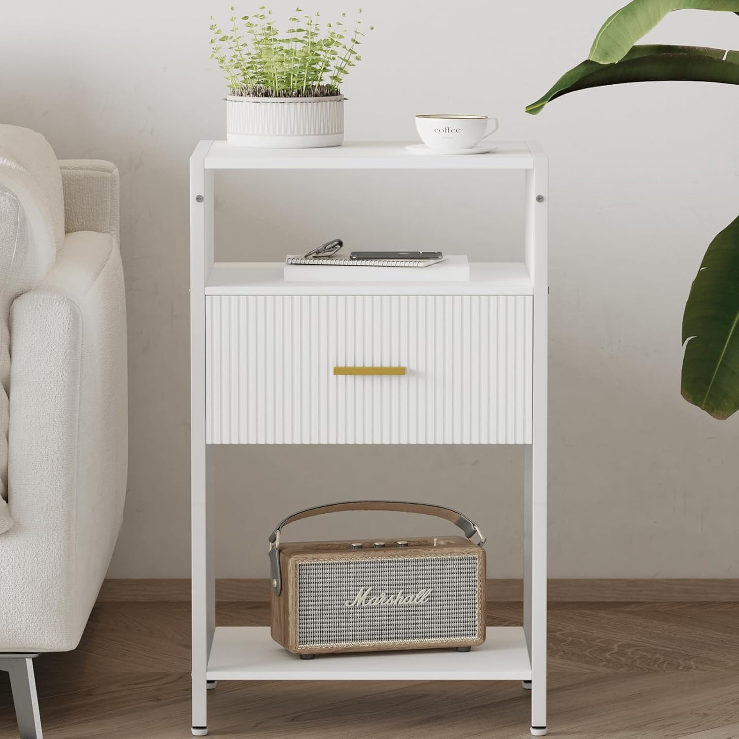 White Side Table, Modern Nightstand with Drawer, Fluted Bedside Table ...