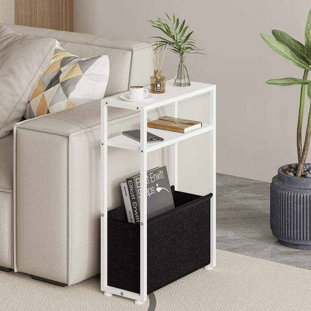 White Side Table, Narrow End Table with Shelves, Narrow Table for Small ...