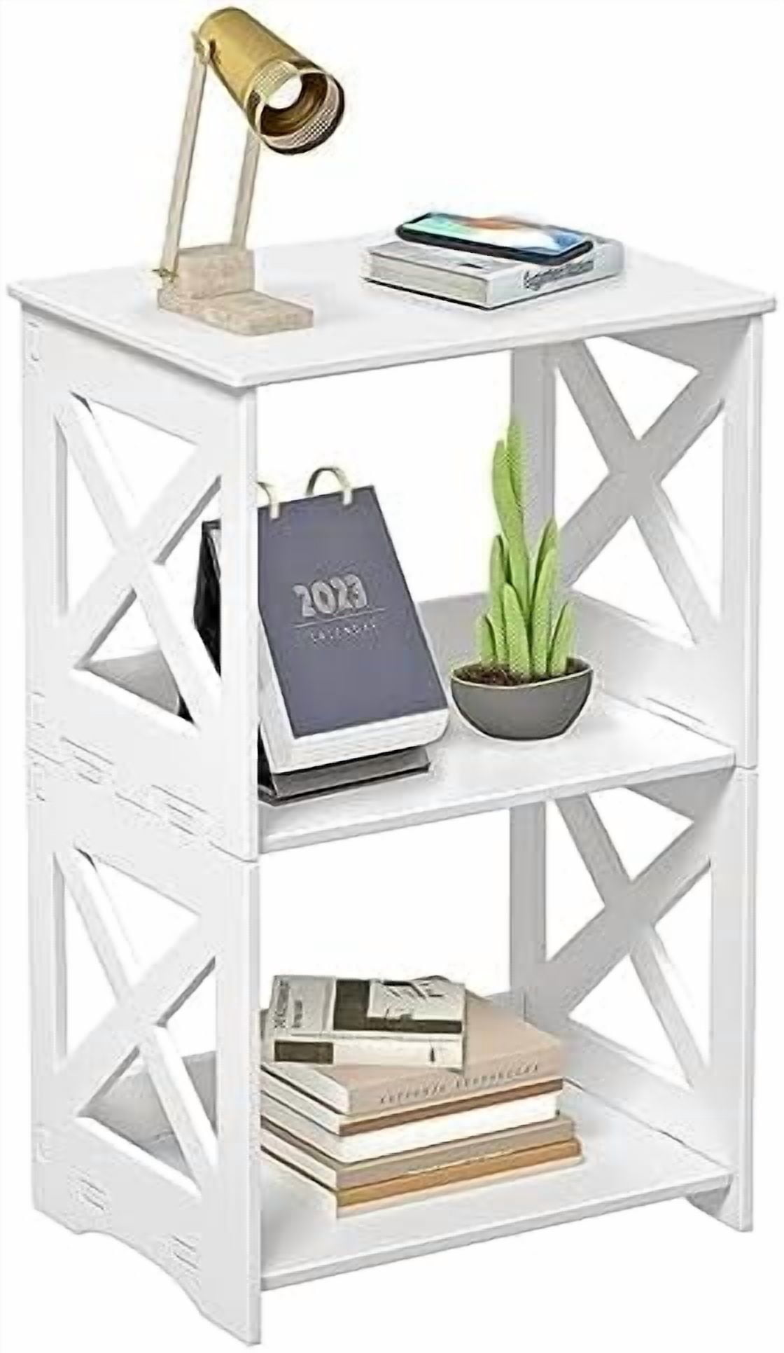 White Side Table, Small End Table with Storage Shelf, 3-Tier Nightstand ...