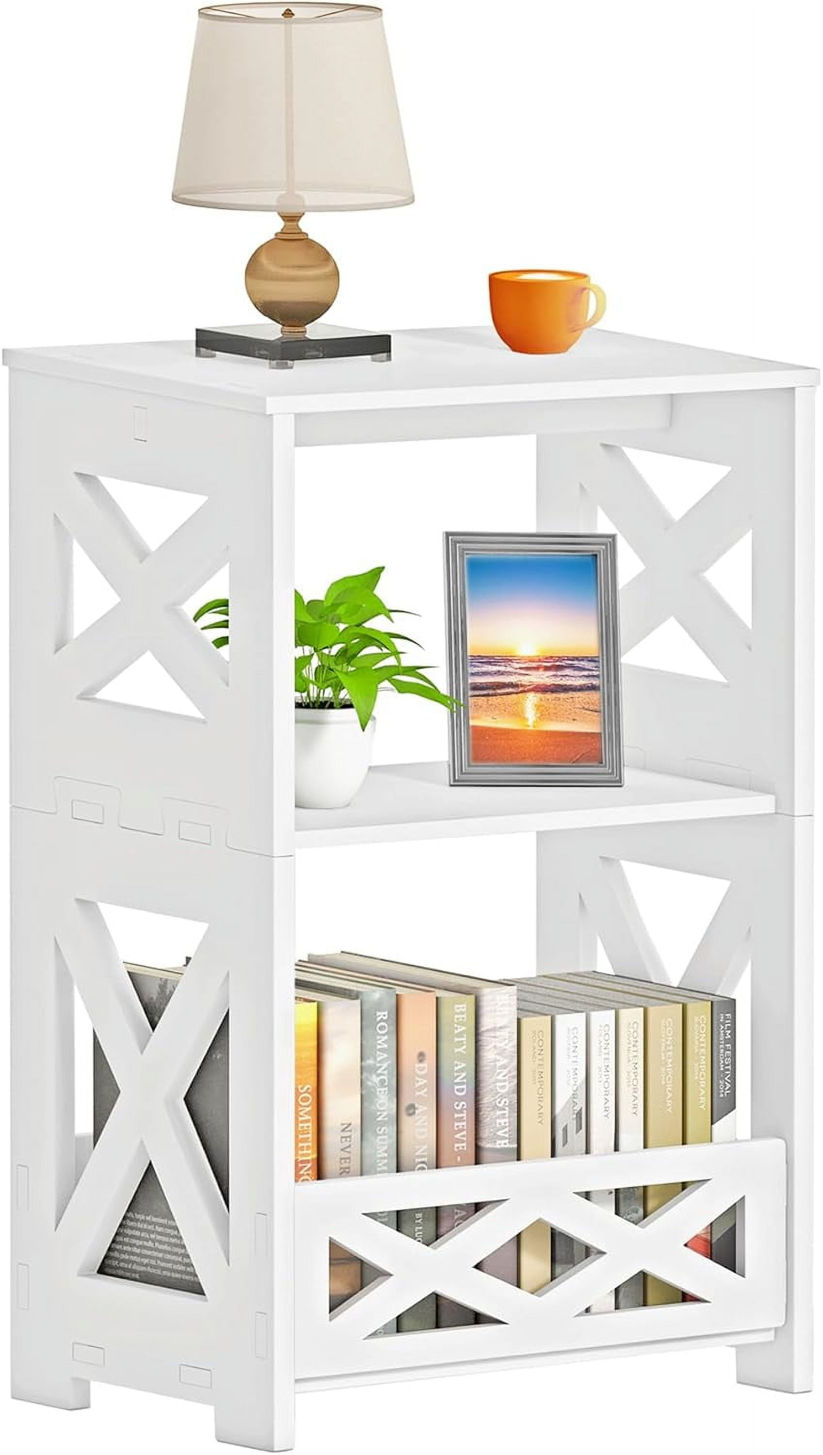 White Side Table, Small End Table with Storage Shelf, 3-Tier Nightstand ...