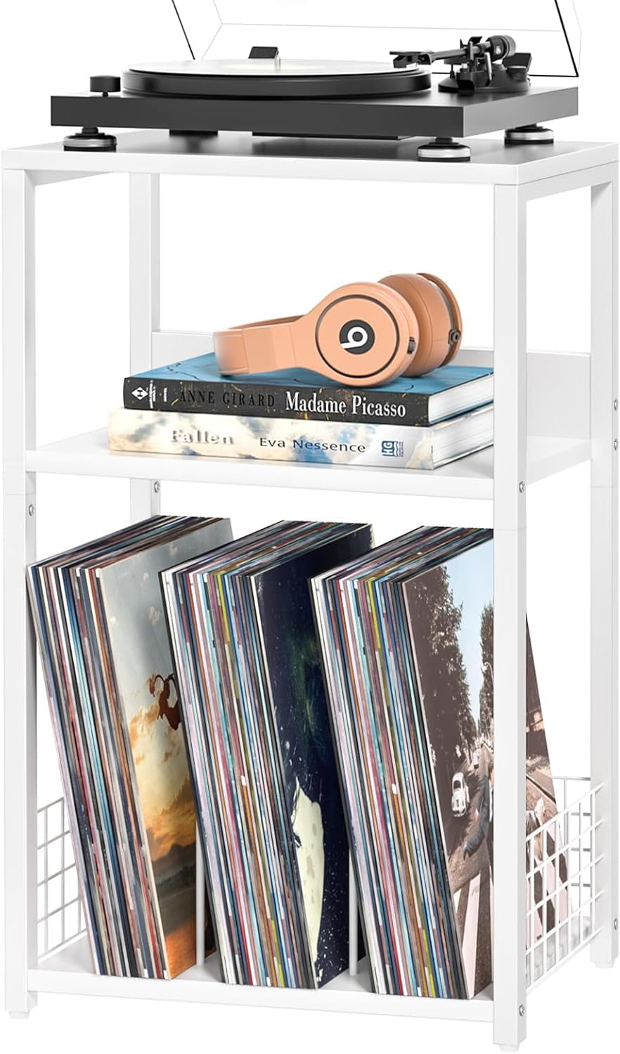 White Side Table,Small Printer Stand with Storage Shelf,3 Tier Industrial Bedside Tables,Vinyl ...