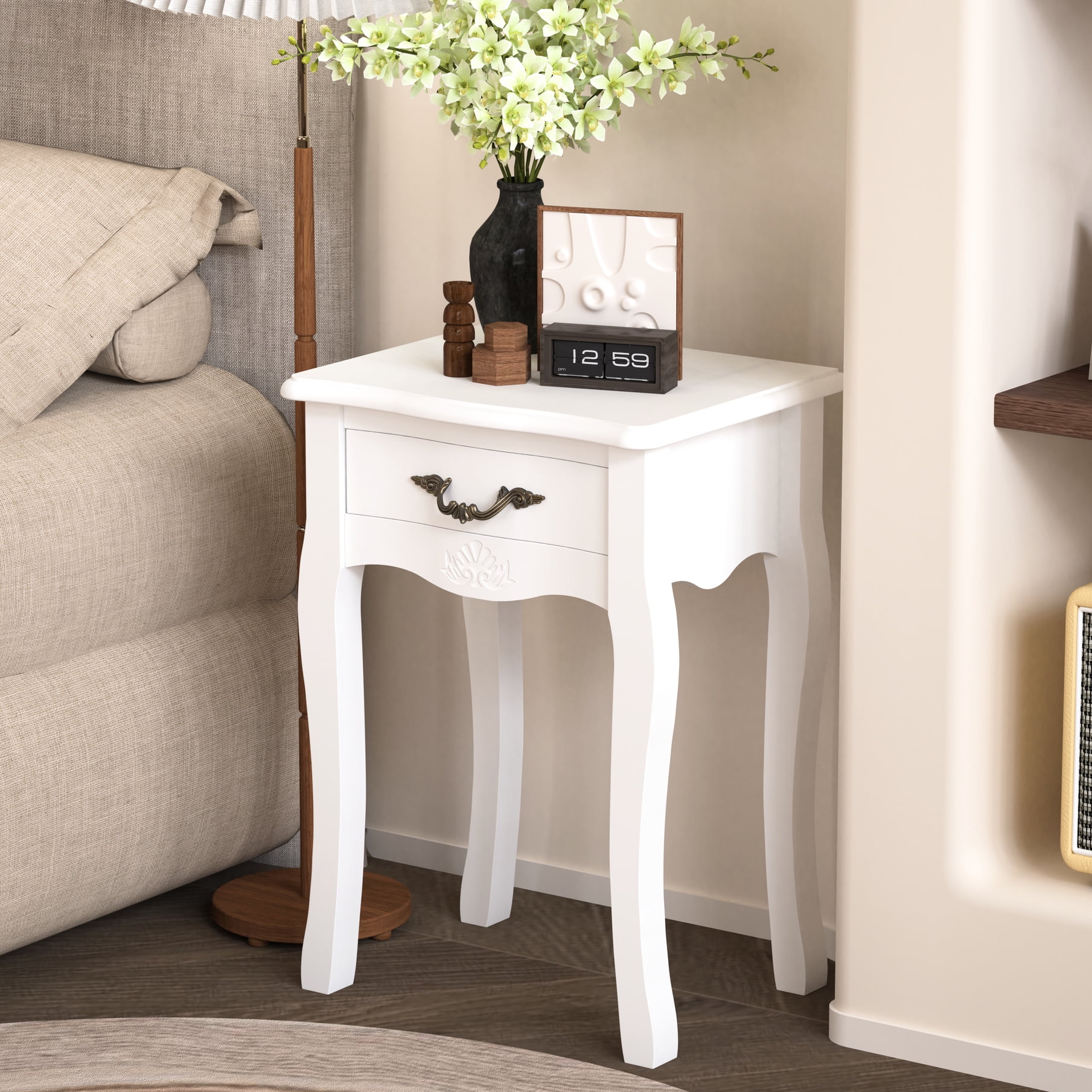 White Side Table With Solid Wood Legs - Enhance Stability Nightstand ...