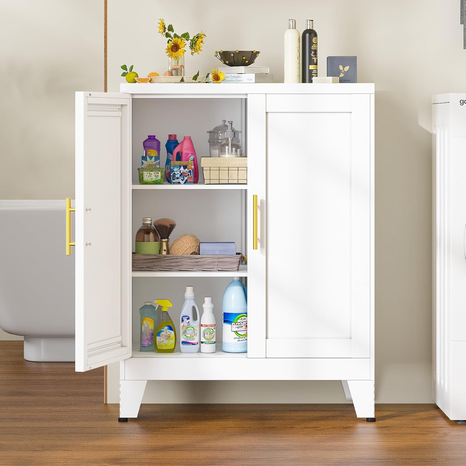 White Sideboard Buffet Cabient, 35.83" Steel Kitchen Pantry Storage ...