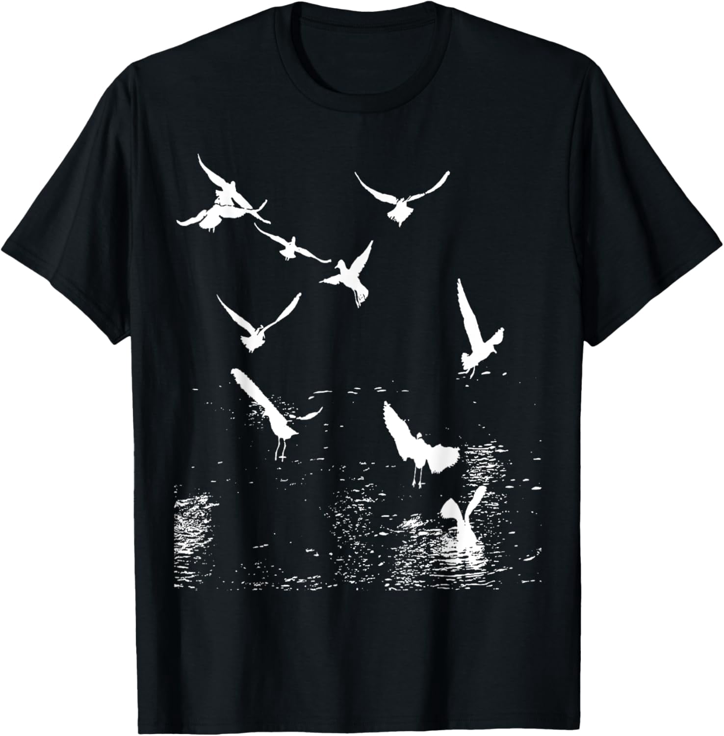 White Silhouette Of A Flock Of Seagulls Over Water T-Shirt - Walmart.com