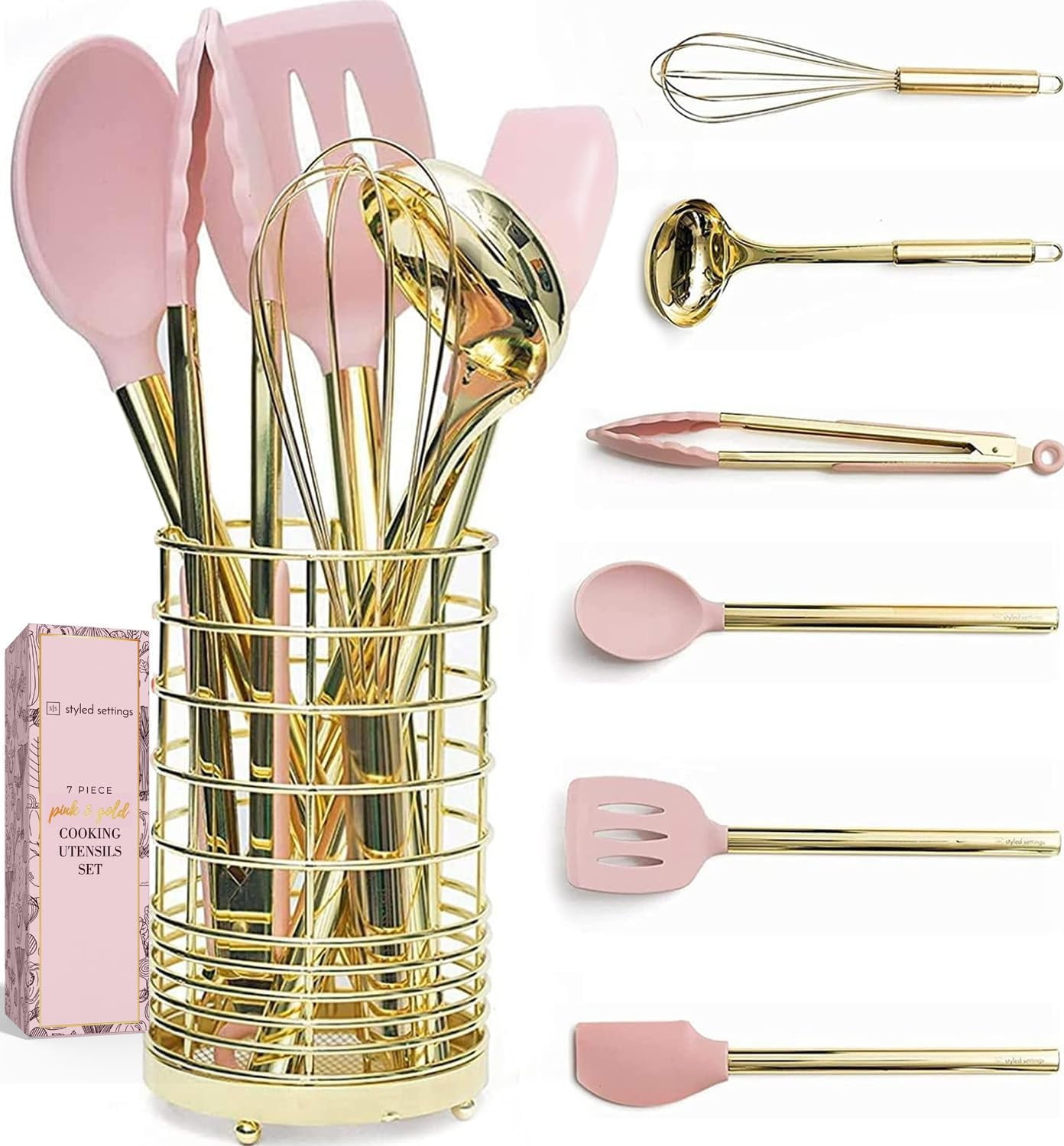White Silicone and Gold Cooking Utensil Set with Gold Cutlery Stands ...