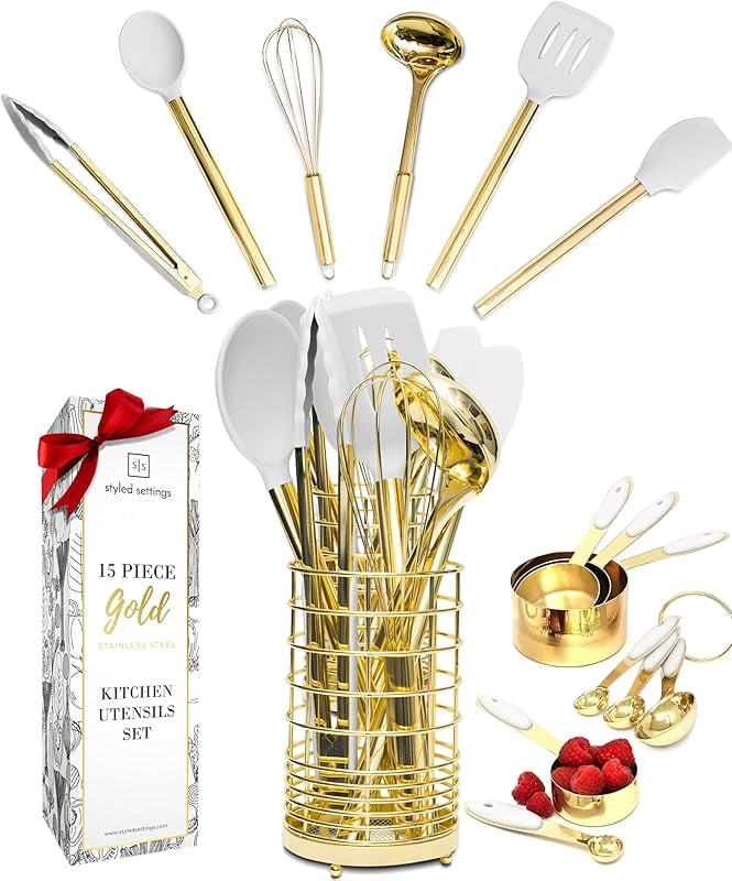 White Silicone and Gold Cooking Utensils Set with Gold Utensil Holder ...