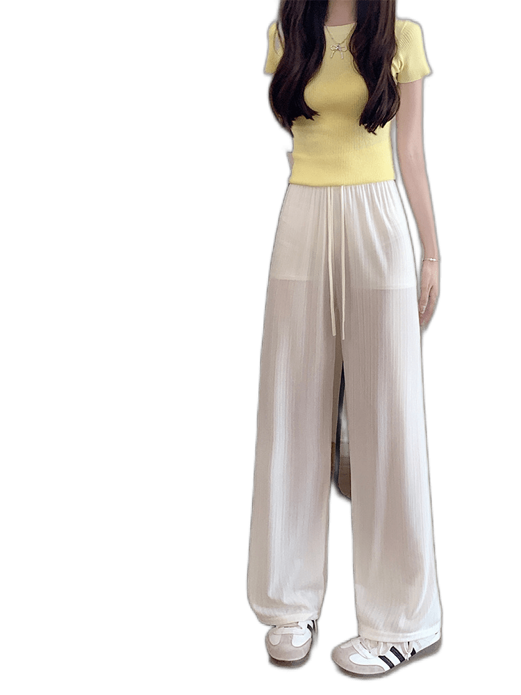 White Silk Pants Thin Waist High Waist Loose Straight Leisure Wide -Leg ...