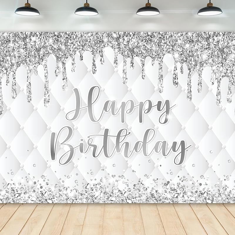 White and Silver Birthday Backdrop 7Wx5H Photography Happy Birthday ...