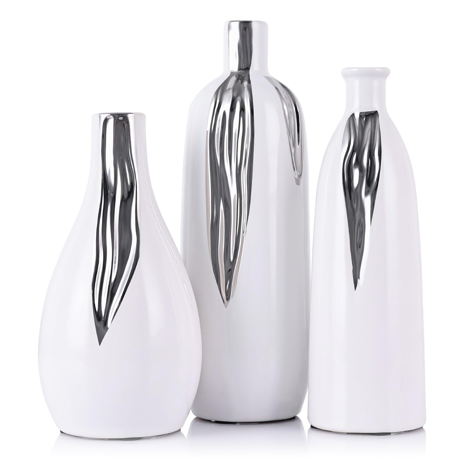 White and Silver Ceramic Vase Set of 3, Ceramic Vase Set for Decorative ...