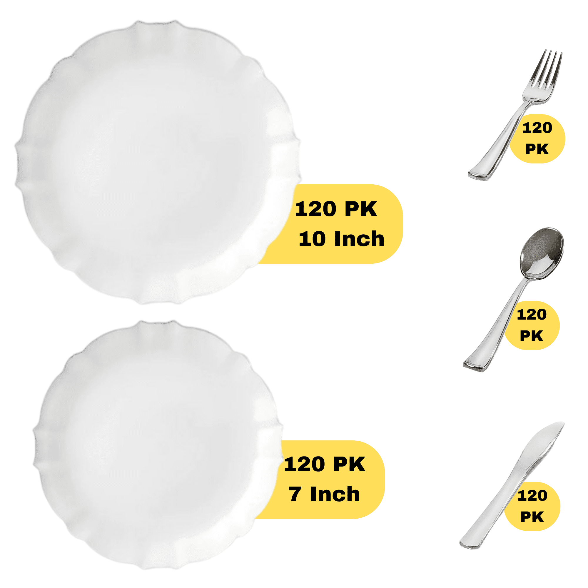 White / Silver Luxe Wedding Plastic Plates Party Bundle w/ Silver ...