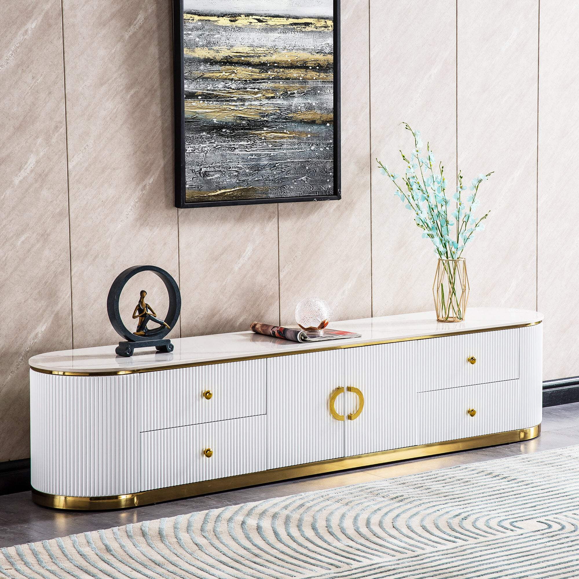 White Sintered Stone Tv Stand, Media Console Television Table For ...