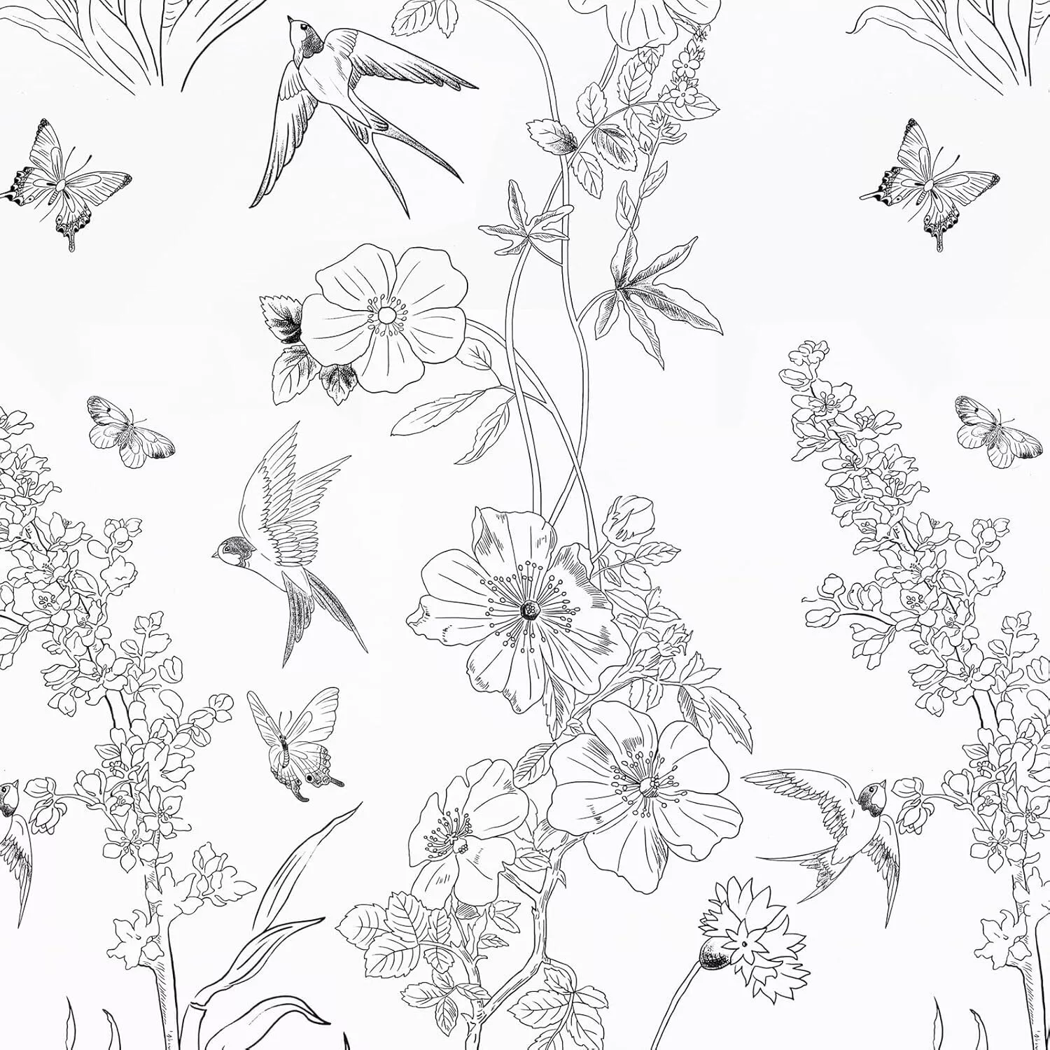 White Sketch Wallpaper Black Line Floral Cabinet Sticker 17.3” X120 For ...