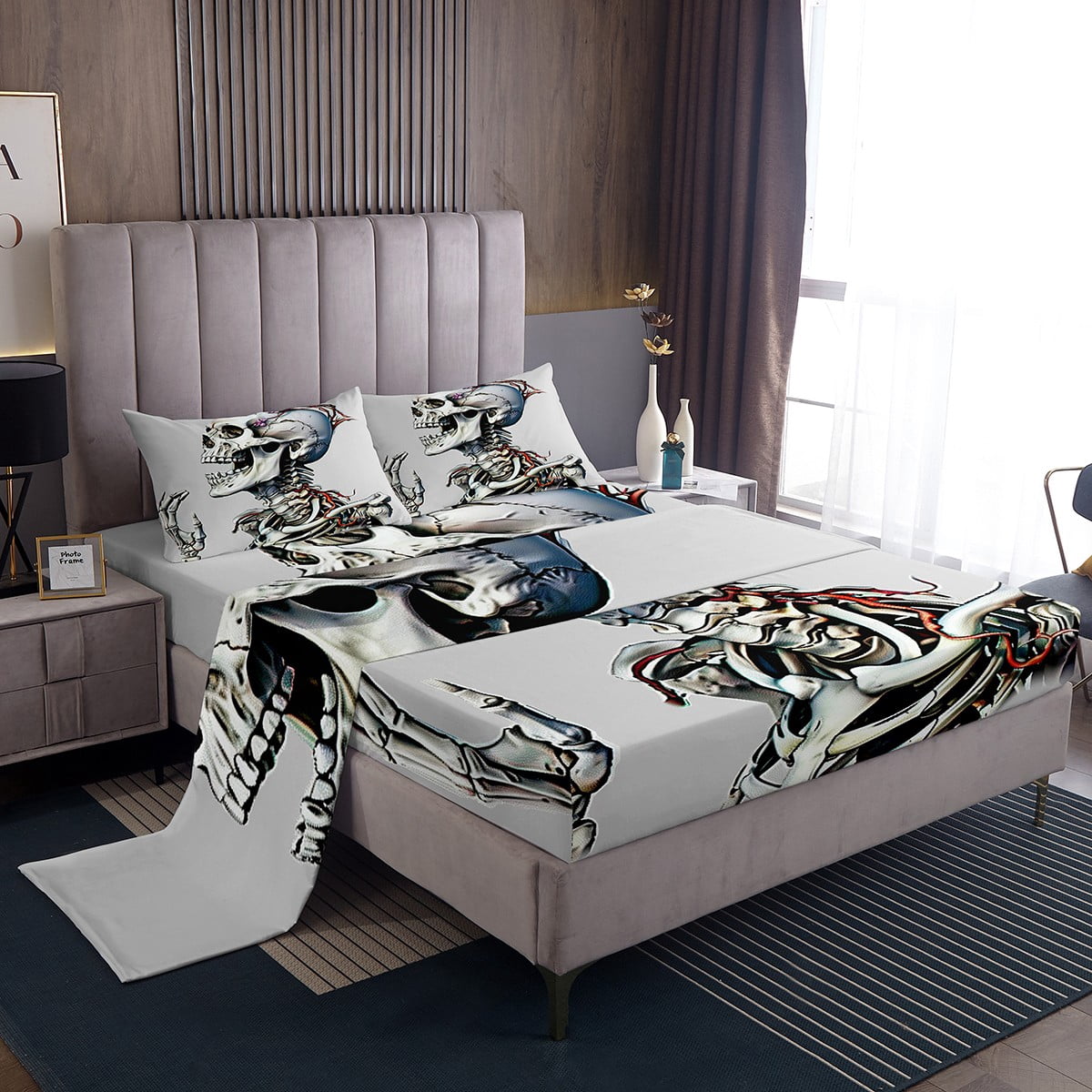 White Skull Bed Sheets Full Size Hippie Gothic Bedding Set Goth Bones ...
