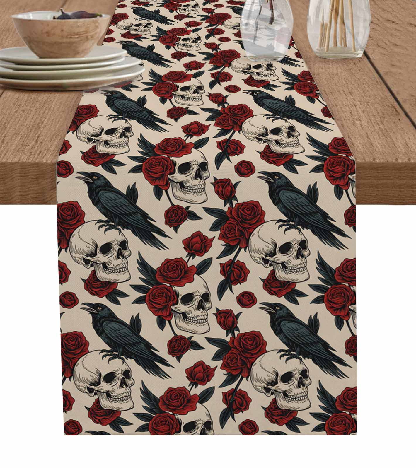 White Skull Halloween Table Runner 48 Inches, Red Roses Birds Vintage ...