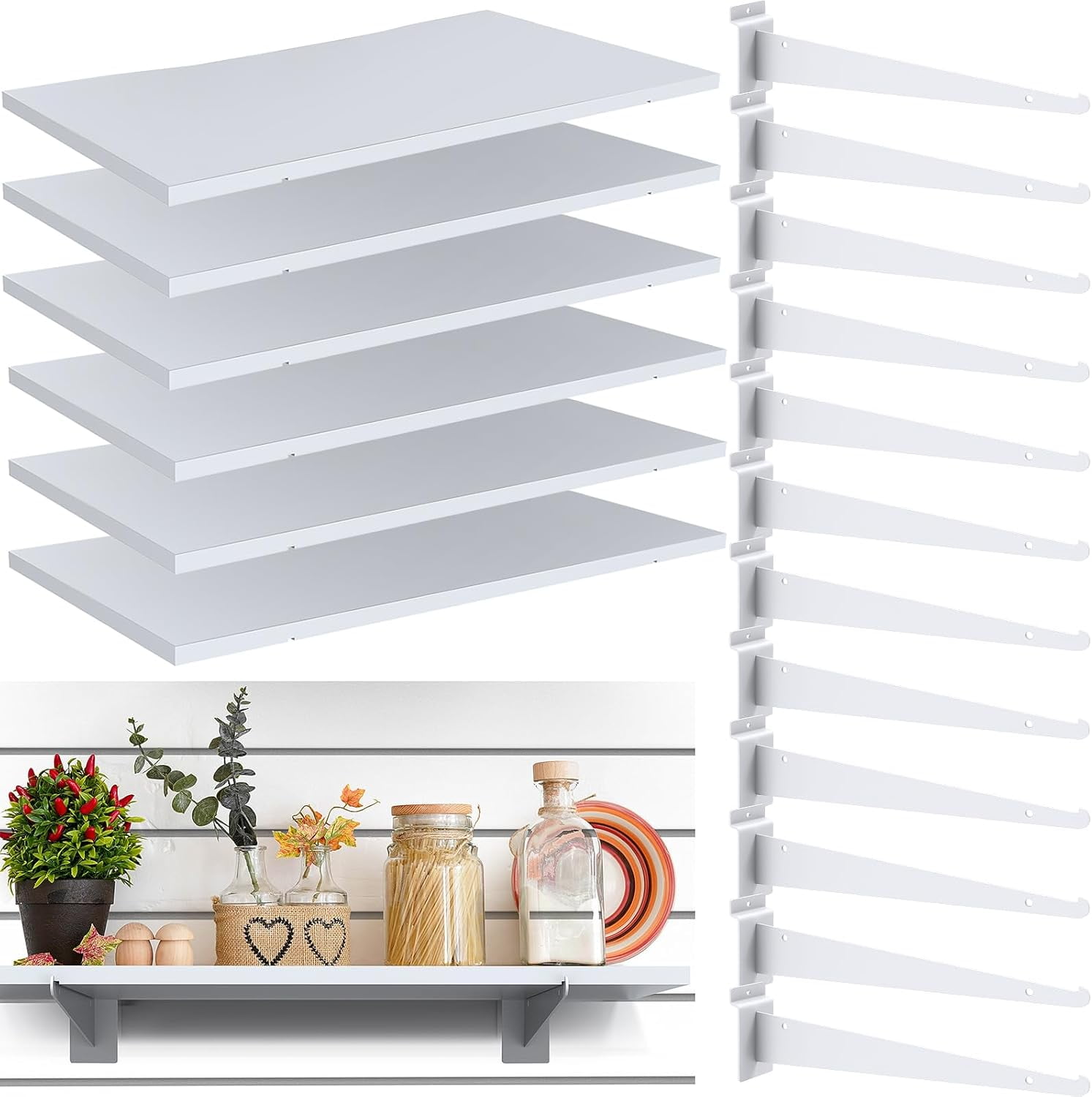 White Slatwall Shelf, 24" x 12" Wooden Slat Wall Shelves with Metal ...