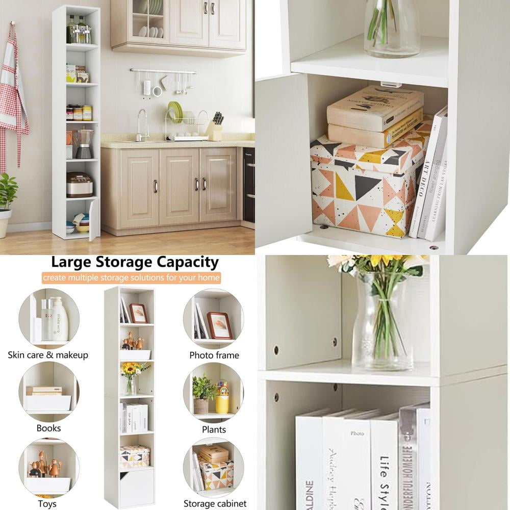 White Slim 6-Tier Bookcase with Doors, Compact CD/DVD Storage Cabinet ...