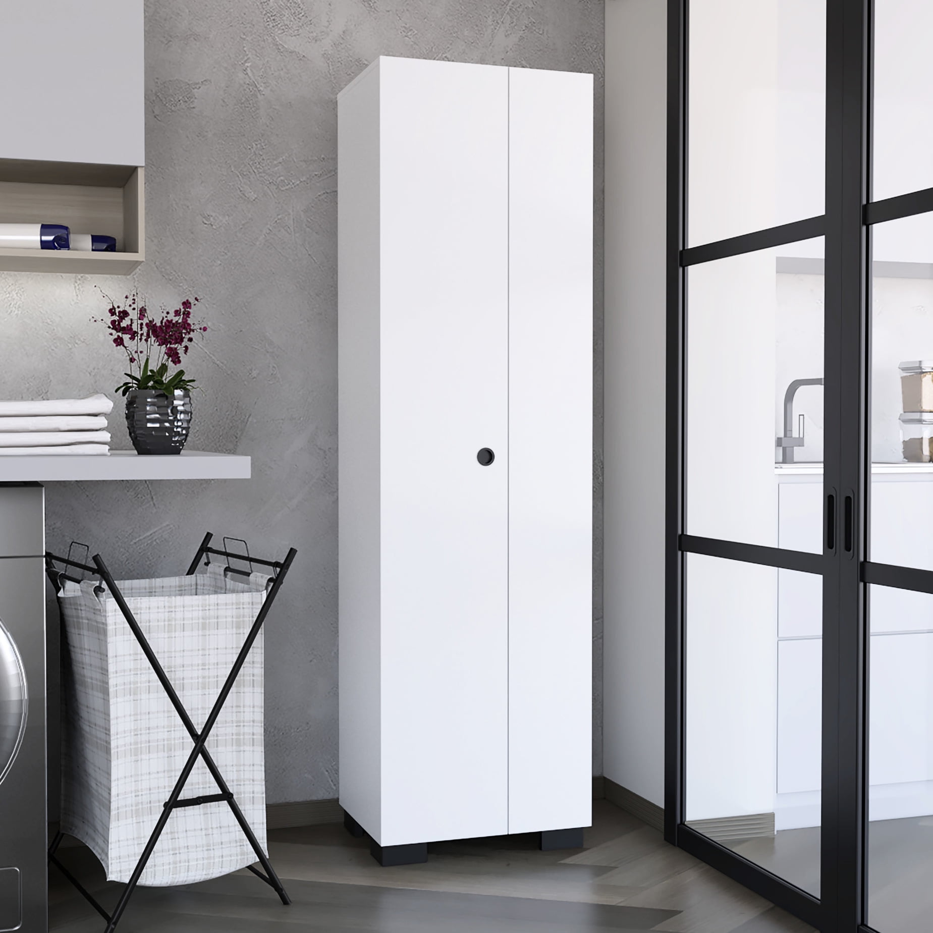 White Slim Broom Cabinet With Inner Shelf Organization And Side Hangers ...