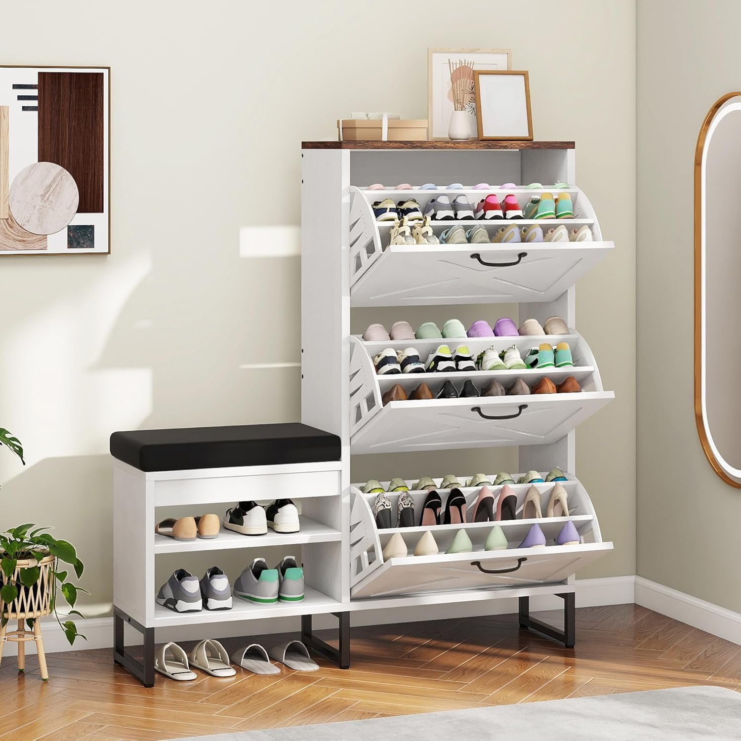 White Slim Entryway Shoe Cabinet with Bench, 3 Flip-Up Drawers for ...