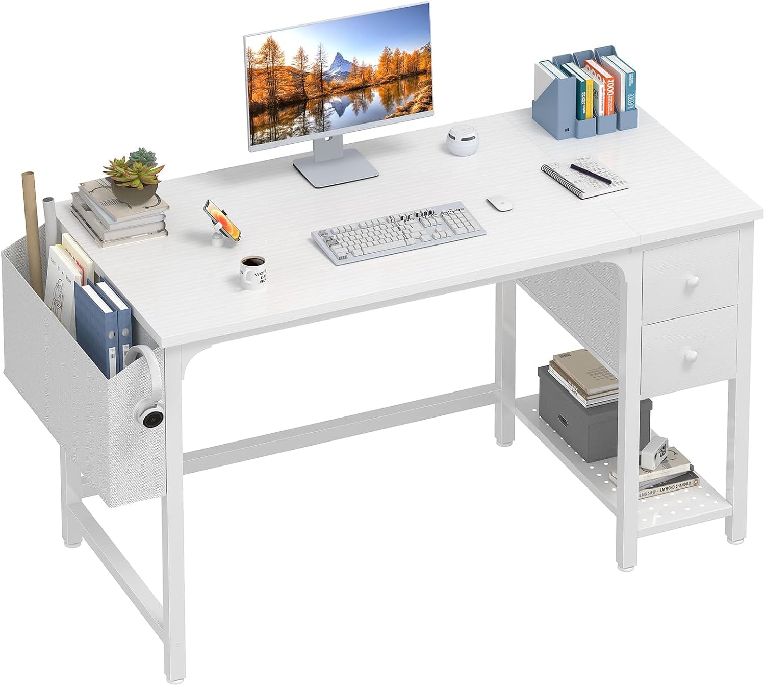 White Small Desk with Fabric Drawers, 47 Inch Computer Desk for Small ...