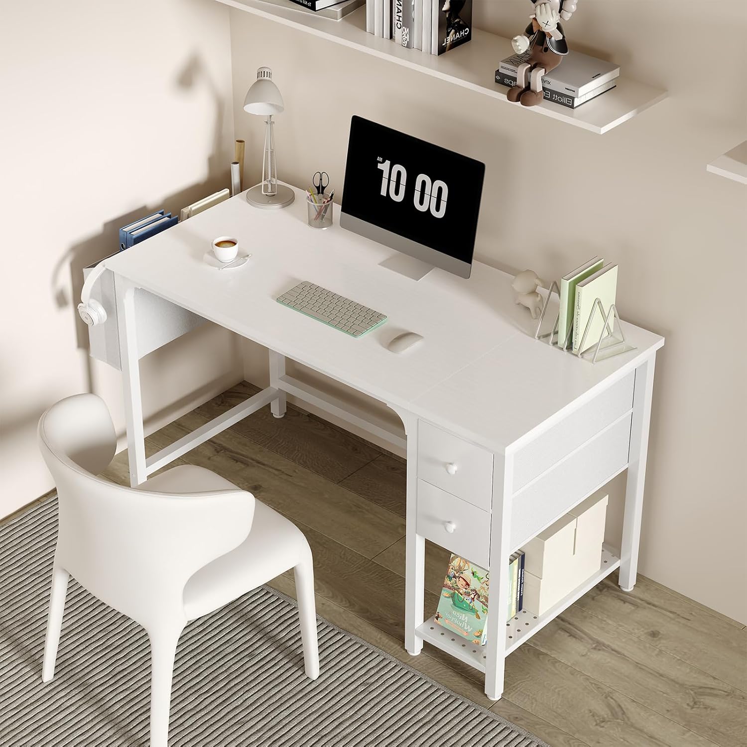 White Small Desk with Fabric Drawers, 47 Inch Computer Desk for Small ...