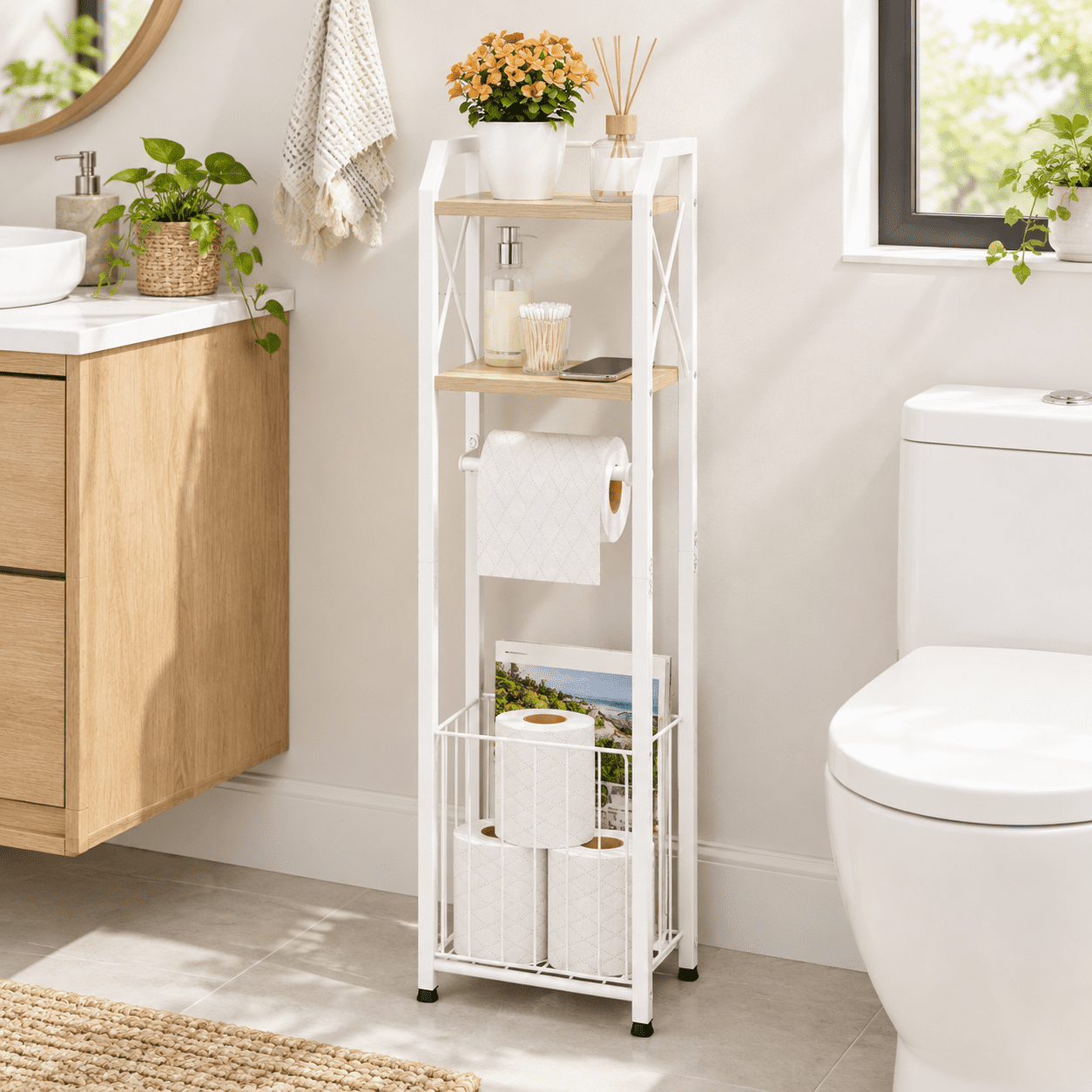 White Small Freestanding Toilet Paper Holder 4-Tier Bathroom Tissue ...