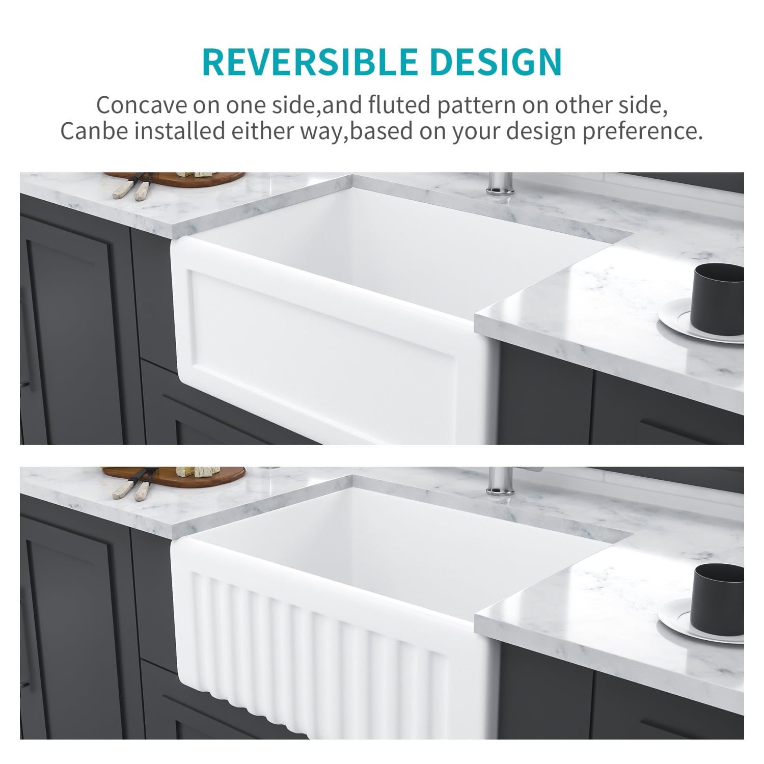 White Small Reversible Farmhouse Ceramic Kitchen Sink - 24 inch Single ...