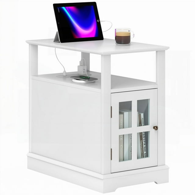 White Small Side Table with Charging Station - USB & AC Outlets, Open ...