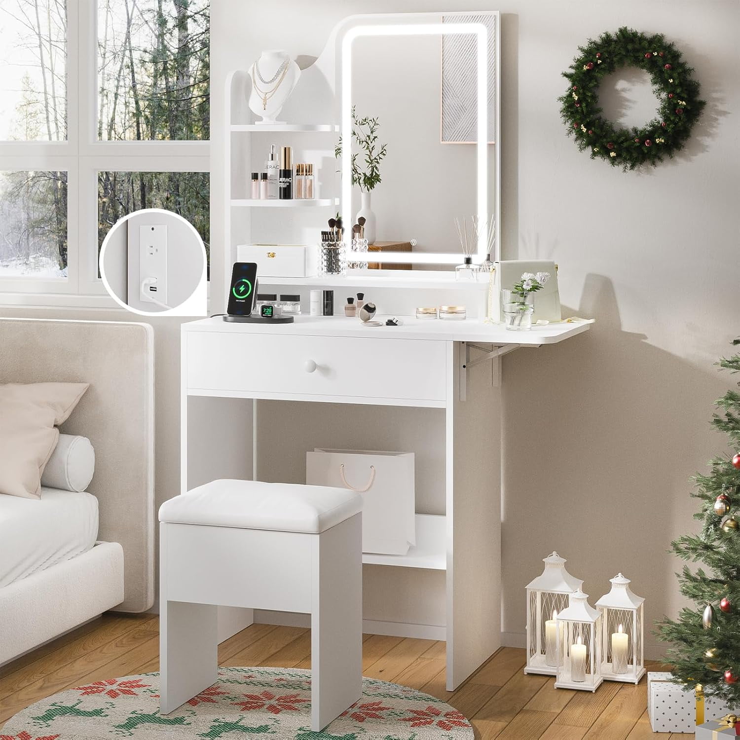 White Small Vanity Desk Set with Mirror and Lights, Mini Makup Table ...