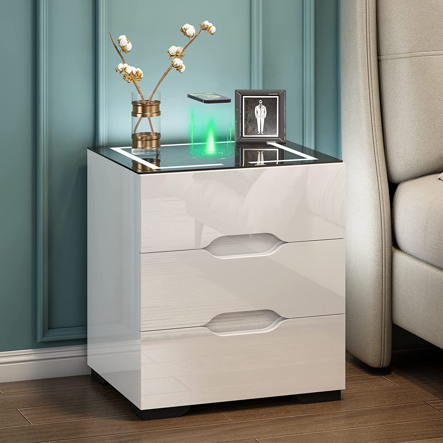 White Smart Nightstand with Wireless Charging Station & Adjustable LED ...