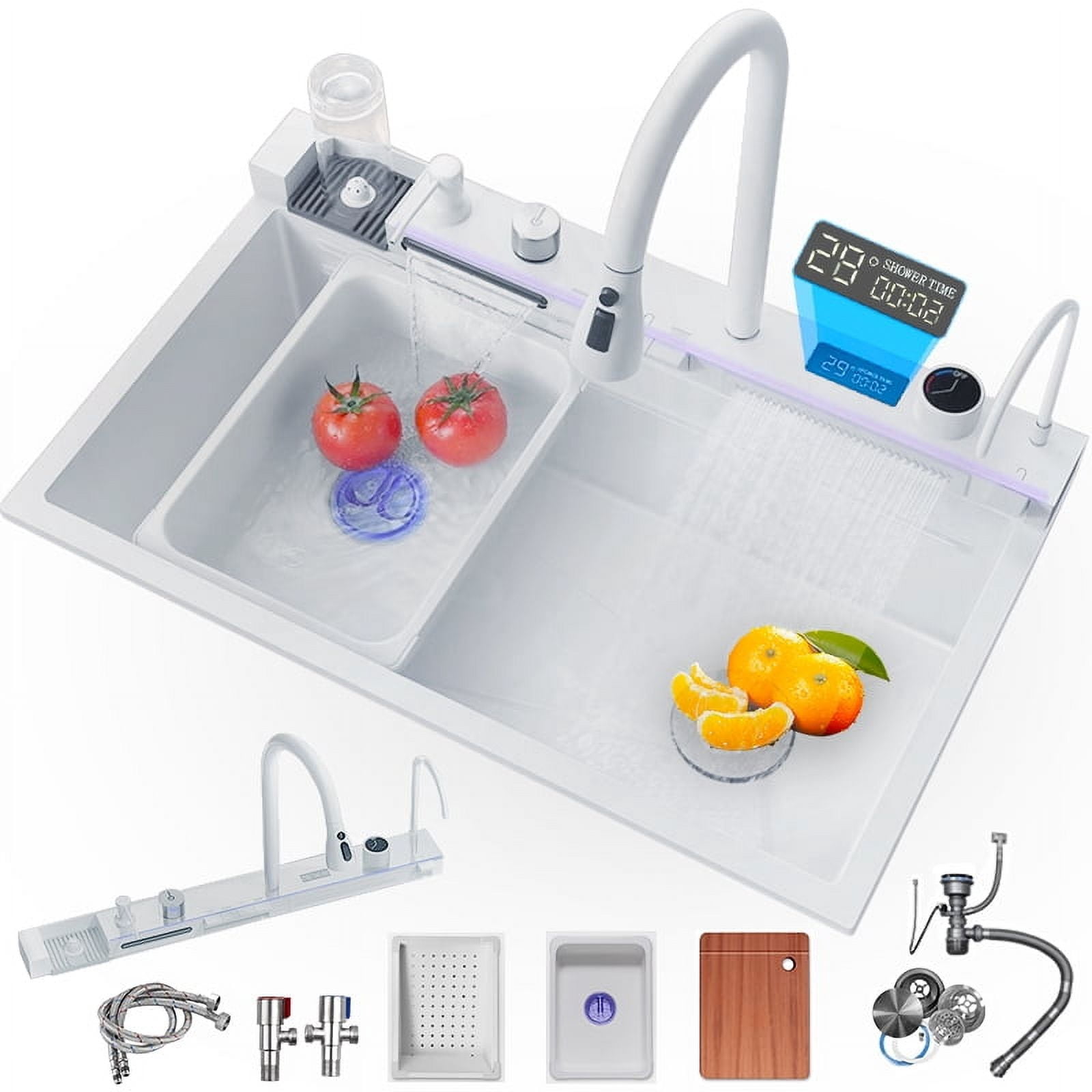White Smart digital waterfall kitchen sink, 29.5"Drop In Stainless ...