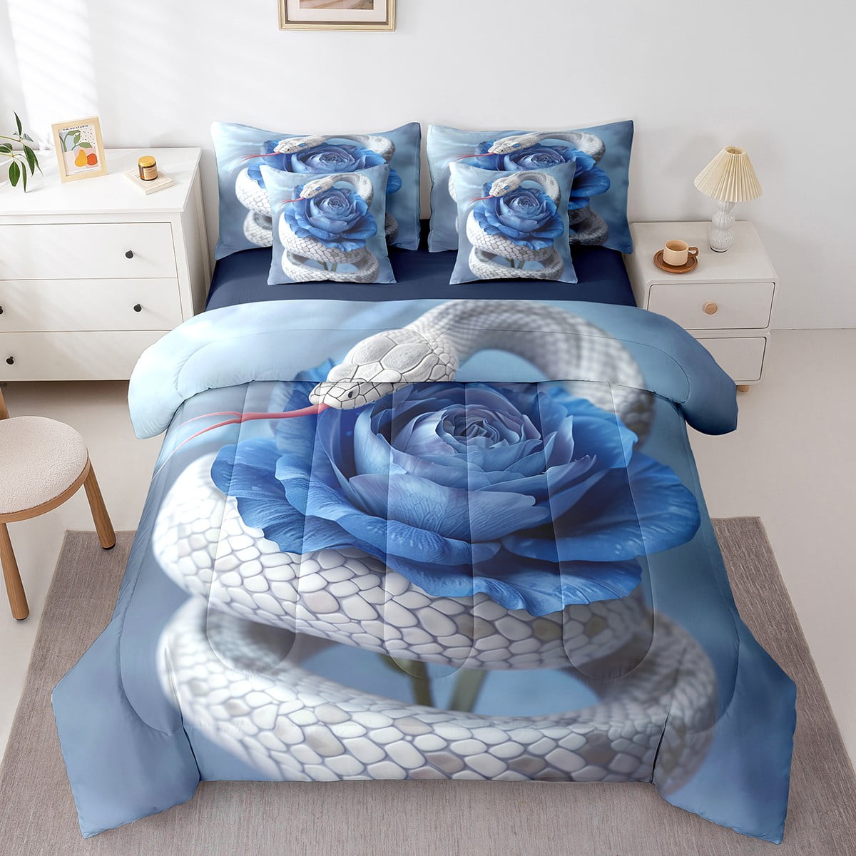 White Snake Bed In A Bag King Comforter Set 7 Piece,Retro Blue Rose ...