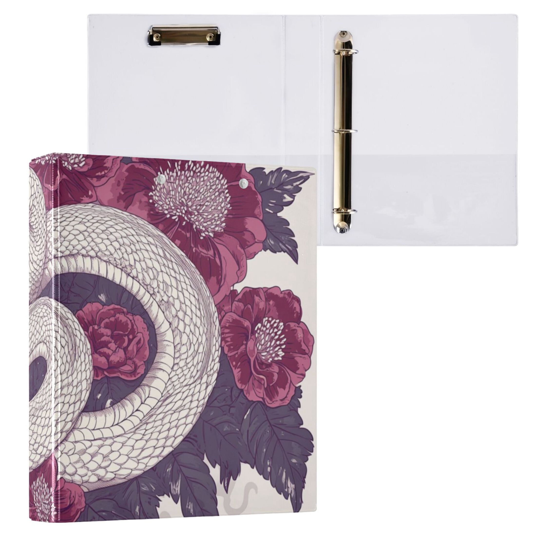 White Snake Coiled on Flowers Round Ring Binder 3 Rings 1.5" Capacity ...