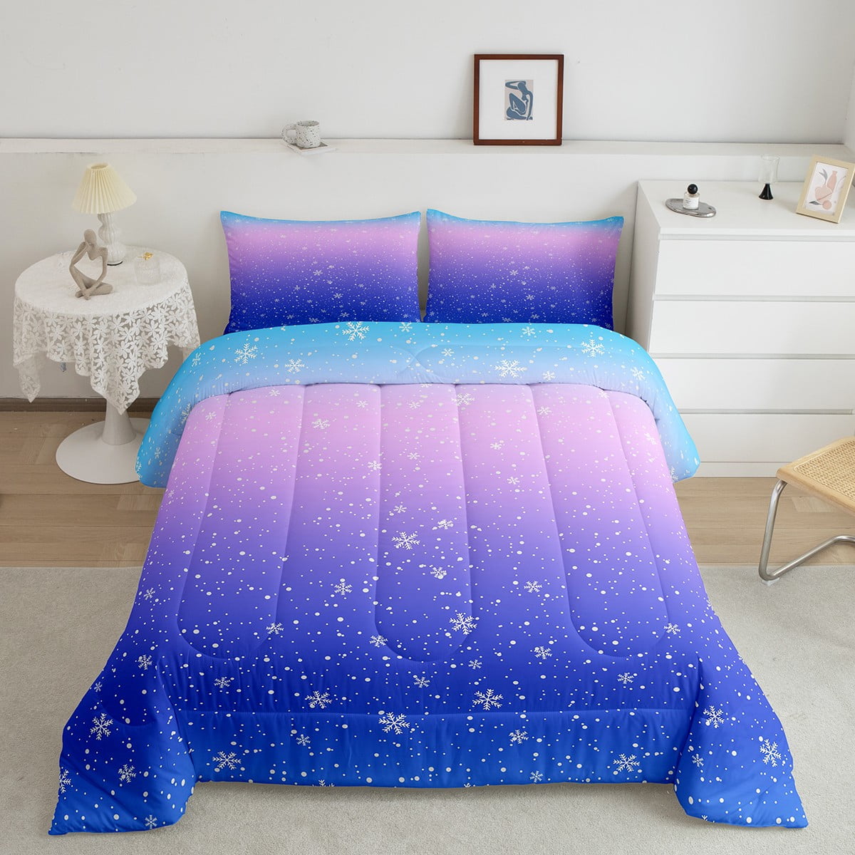 White Snowflake Comforter Set Queen Size Blue Purple Gradient Bedding ...