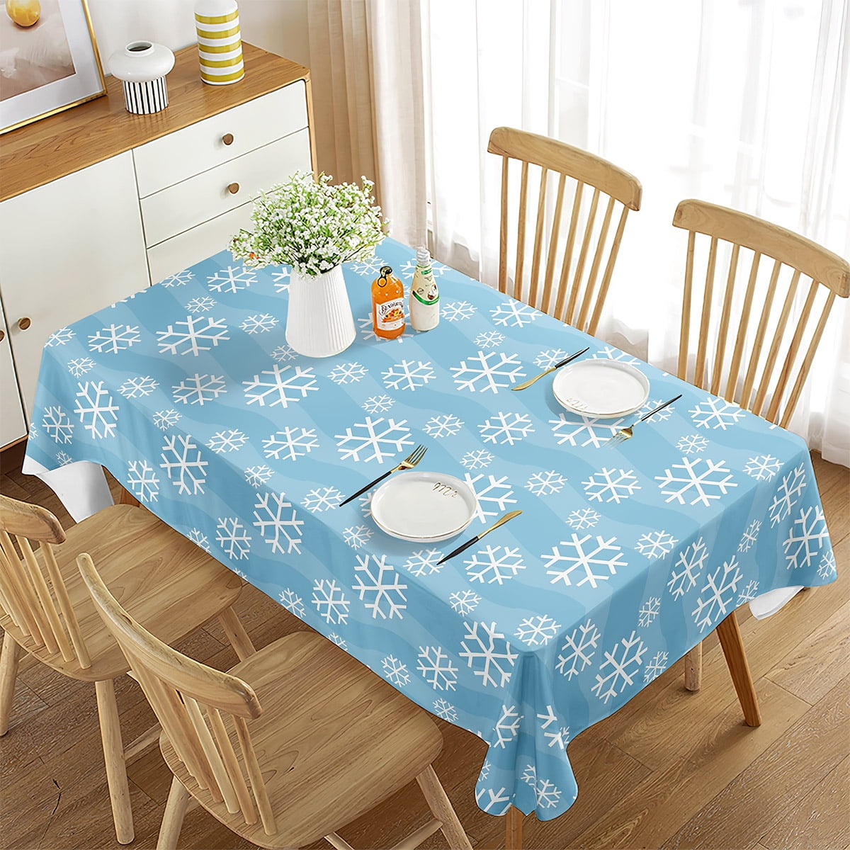White Snowflake Pattern Tablecloth Winter Snow Geometry Rectangle Table ...