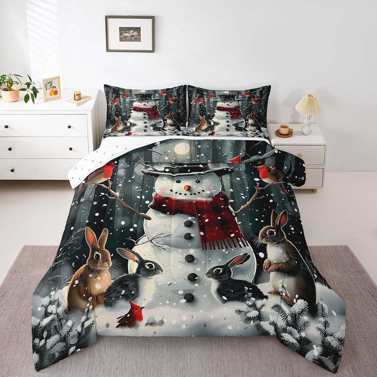 White Snowman Bedding Queen Size Cute Animal Rabbit Comforter Set Merry ...