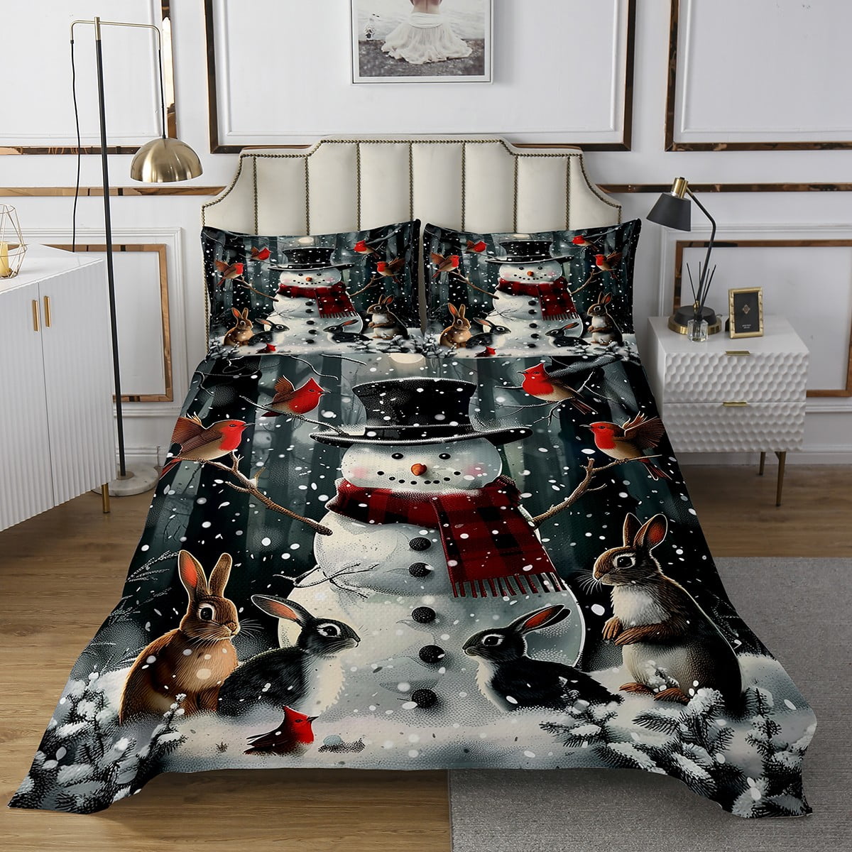 White Snowman Bedspread Queen Size Cute Animal Rabbit Quilt Set Merry ...