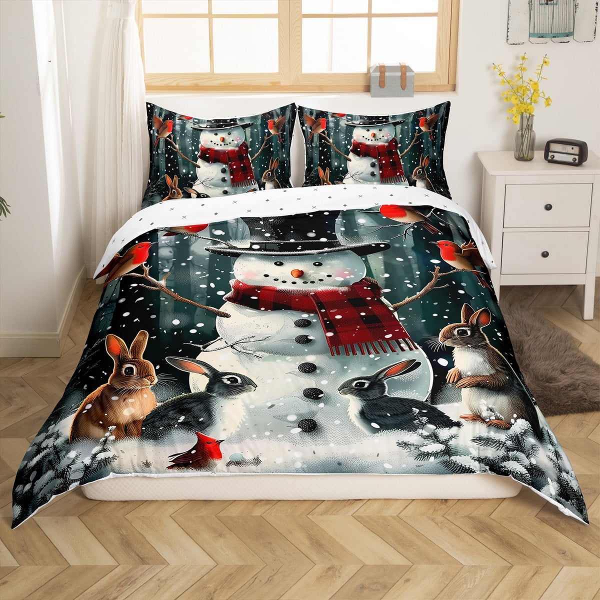 White Snowman Duvet Cover Toddler Size Cute Animal Rabbit Bedding Set ...