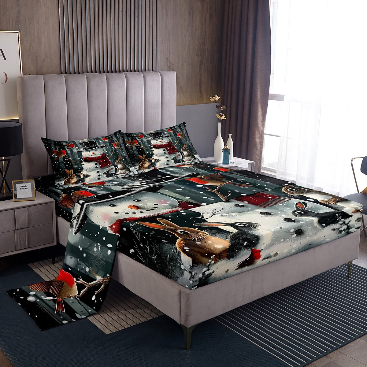 White Snowman Sheet Set King Size Cute Animal Rabbit Bed Sheets Set ...