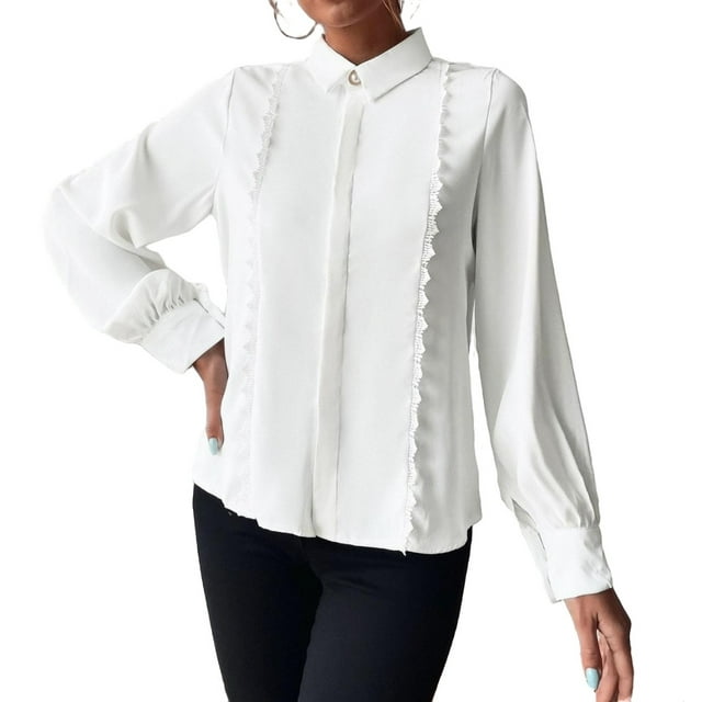 White Solid Button Elegant Shirt Women's Blouses - Walmart.com