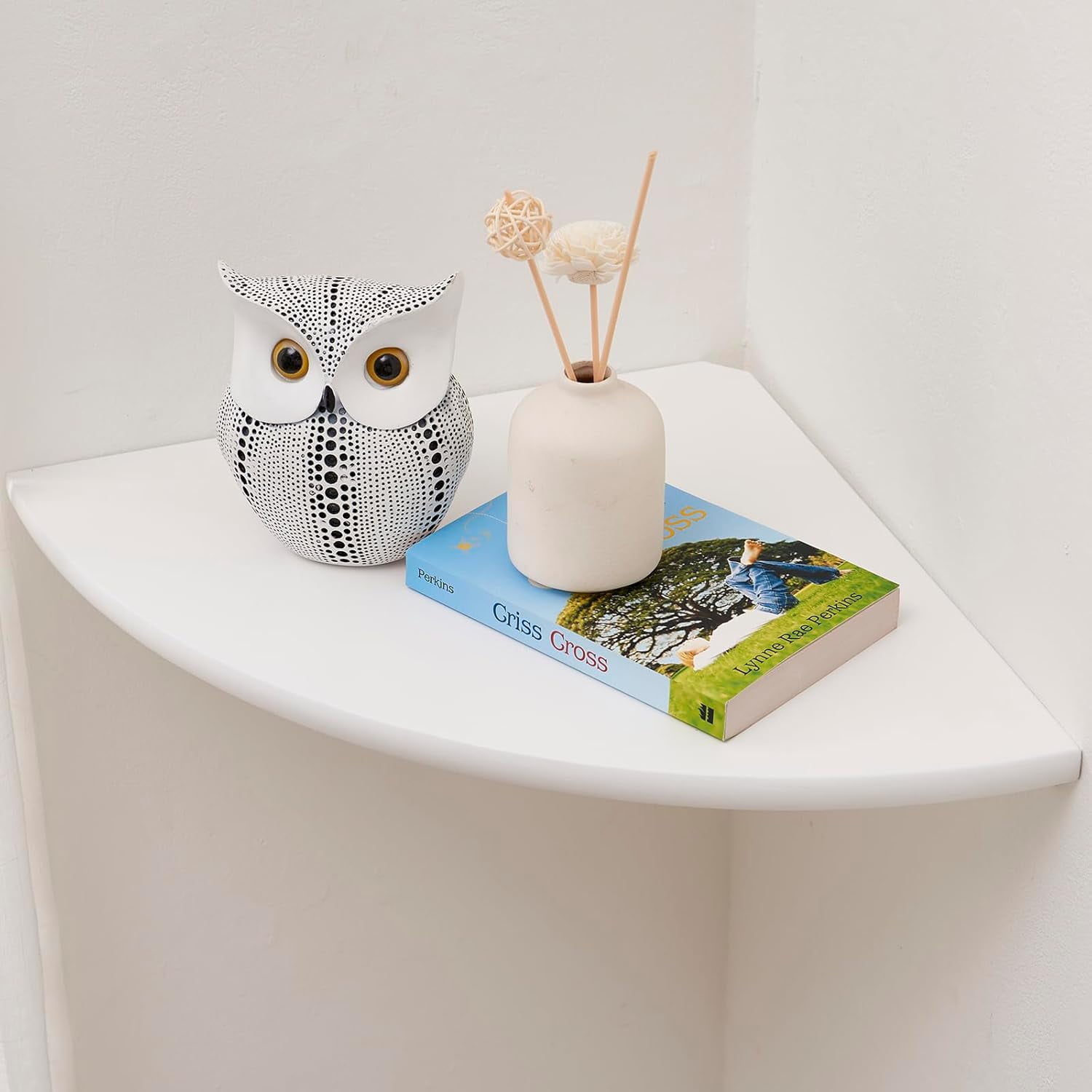 White Solid Oak Wood Floating Corner Shelves Wall Mount Round End ...