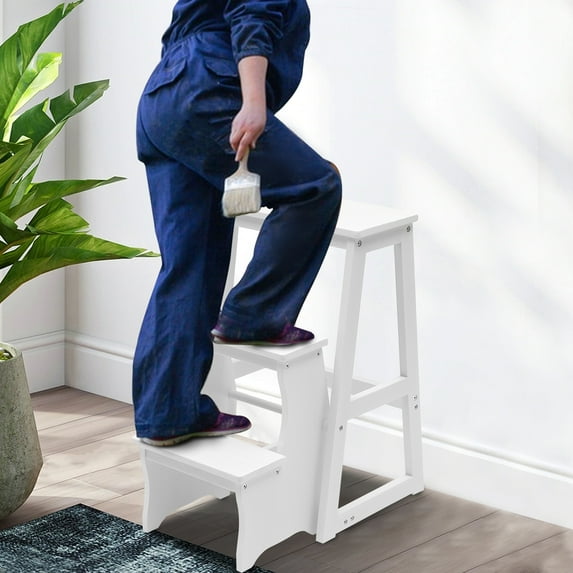 White Solid Wood Folding Library Ladder Chair 3-Tier Step Stool for ...
