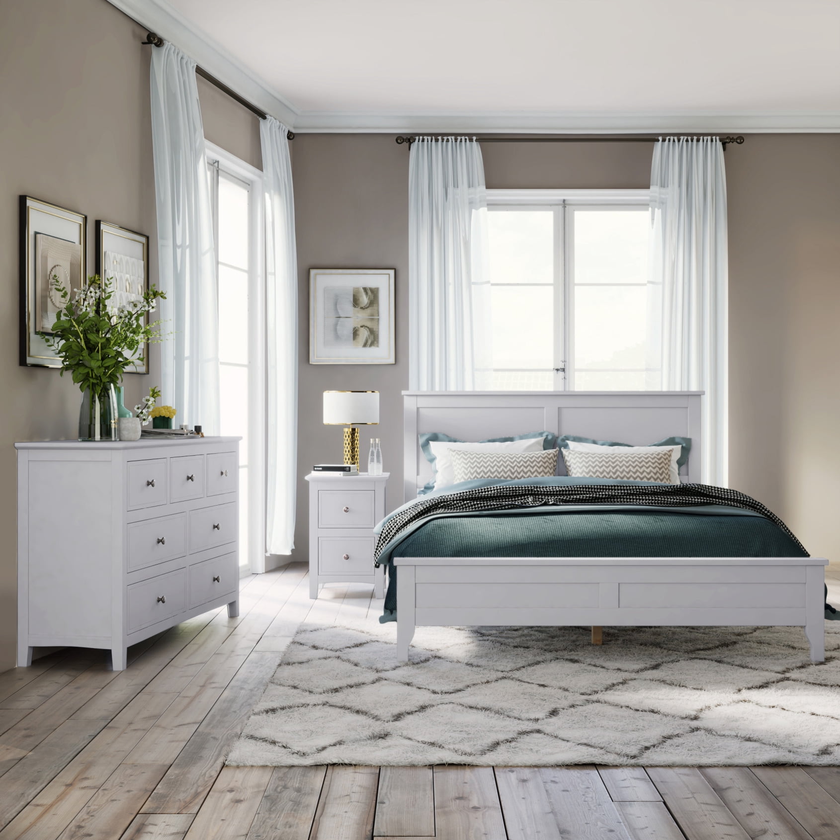 White Solid Wood Full Bedroom Set - Space-Saving 3-Piece Suite with Bed ...