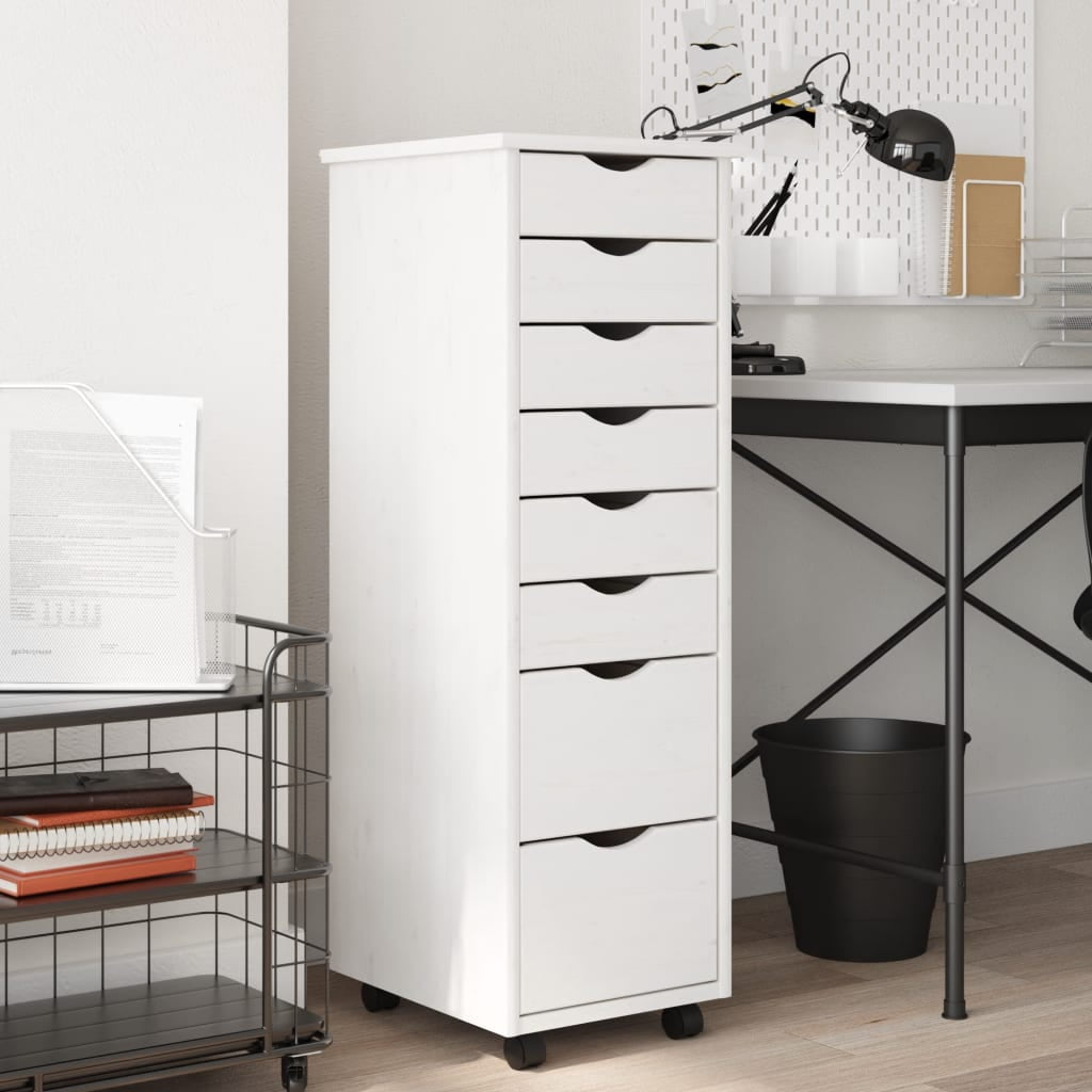 White Solid Wood Rolling Cabinet with Drawers, Durable Pine Storage ...