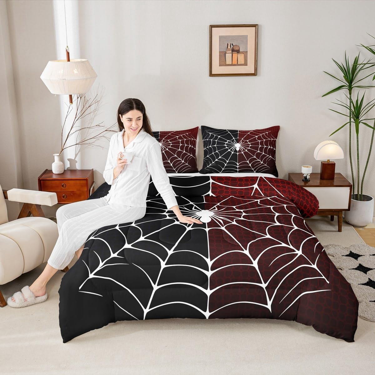 White Spider Comforter Set Twin Size, Black and Red Bedding Set Teens ...