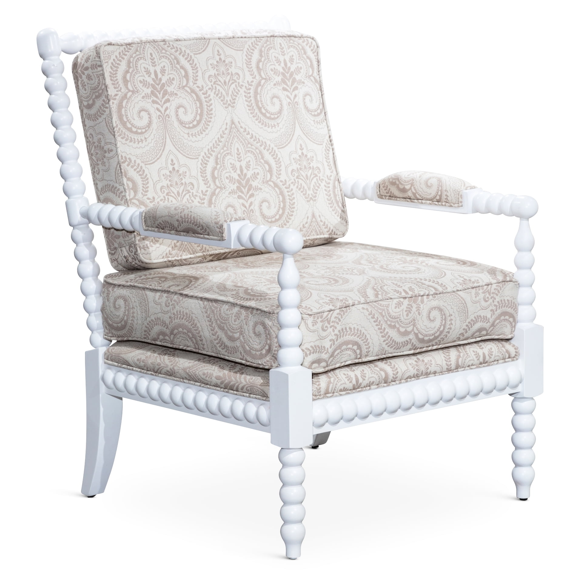 White Spindle Chair With Taupe Paisley Details, Hardwood For Stability ...