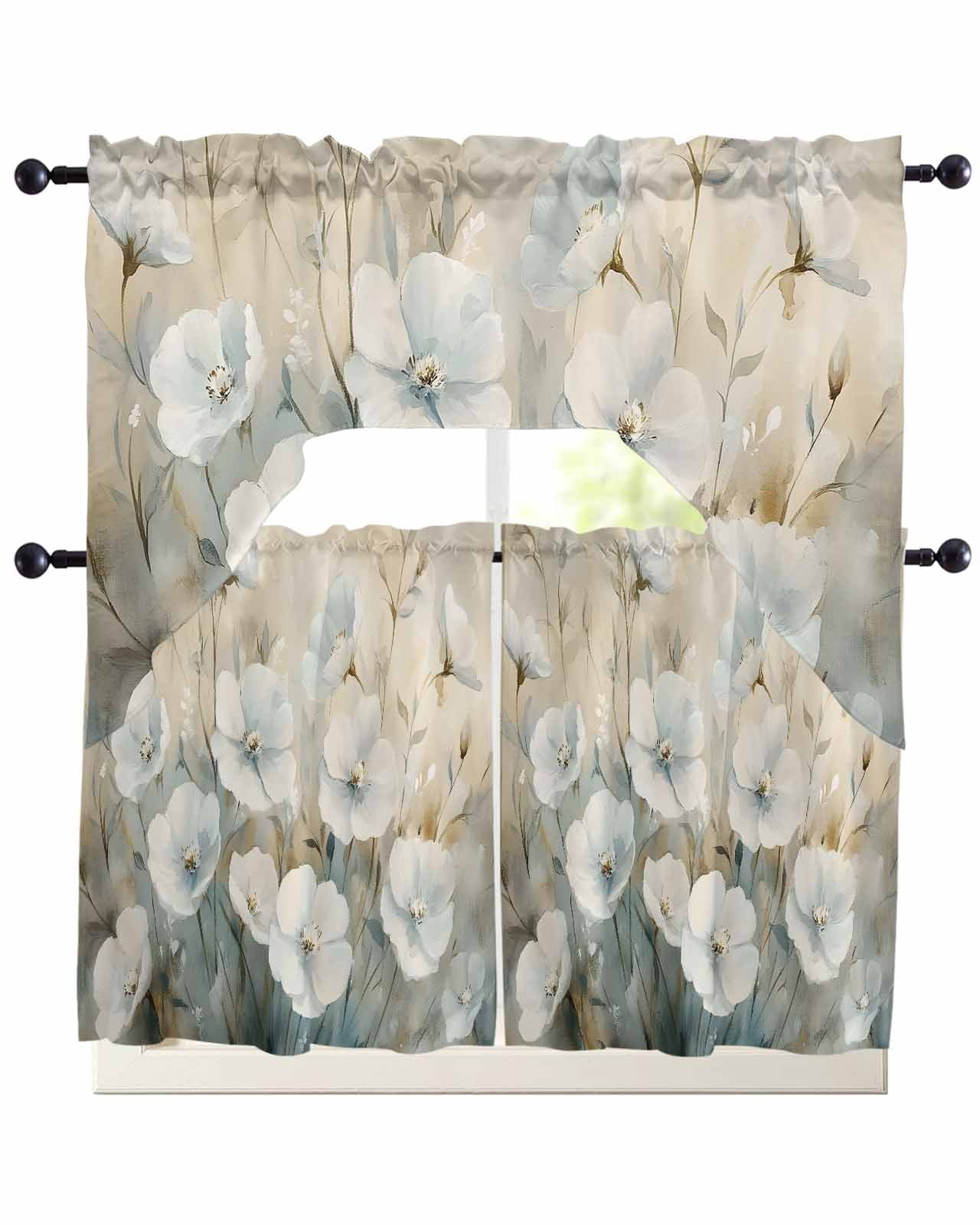 White Spring Floral Kitchen Curtains Swag Valance and Tier Curtains Set 24 Inch Length, Modern ...